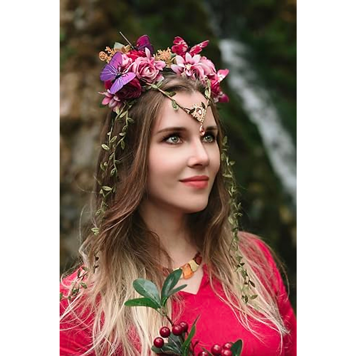 MOSTORY Purple Fairy Flower Crown - Elf Woodland Headpiece Floral Vine Headband Forest Hairband with Butterfly Fairy Costume for Women Renaissance Renfaire Party Cosplay Photo Shoot