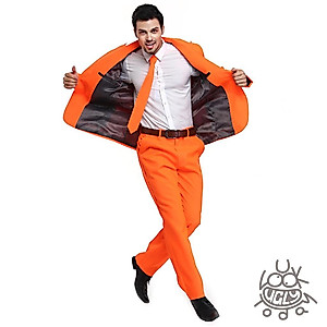 U LOOK UGLY TODAY Men's Party Suit Solid Color Prom Suit for Themed Party Events Clubbing Jacket with Tie Pants Fluorescent Orange-Large