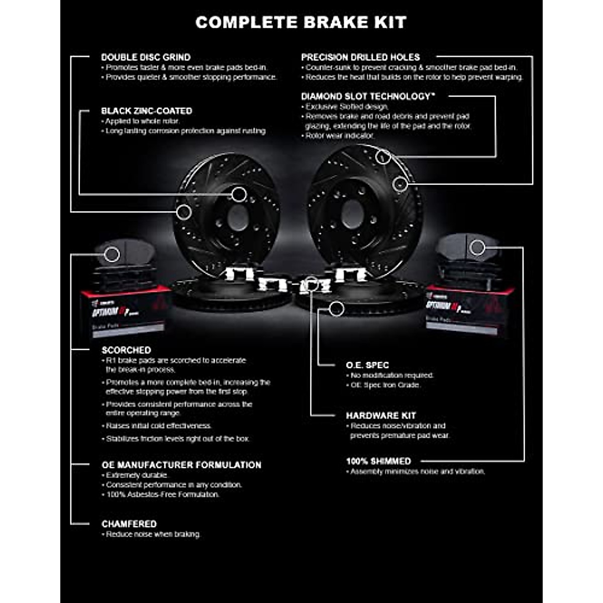 R1 Concepts Front Rear Brakes and Rotors Kit |Front Rear Brake Pads| Brake Rotors and Pads| Optimum OEp Brake Pads and Rotors| Hardware Kit|fits 2004-2011 Mitsubishi Endeavor, Grandis
