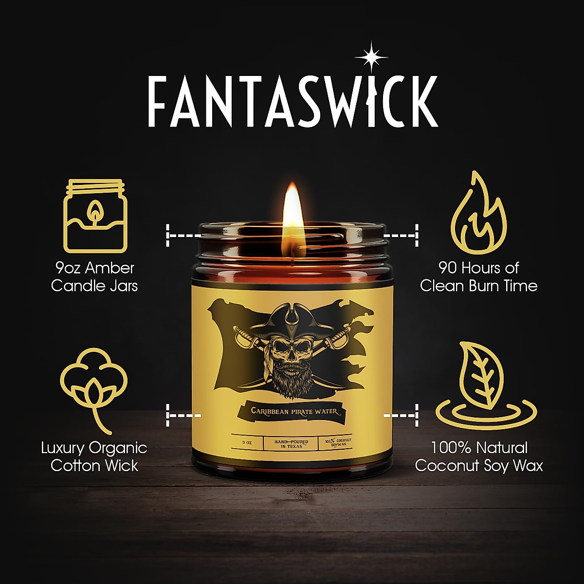 Fantaswick's Caribbean Pirate Waters Candle | 100% Natural Coconut Soy Wax & Cotton Wick in Amber Candle Jar | Hand-Poured in Texas | 9oz