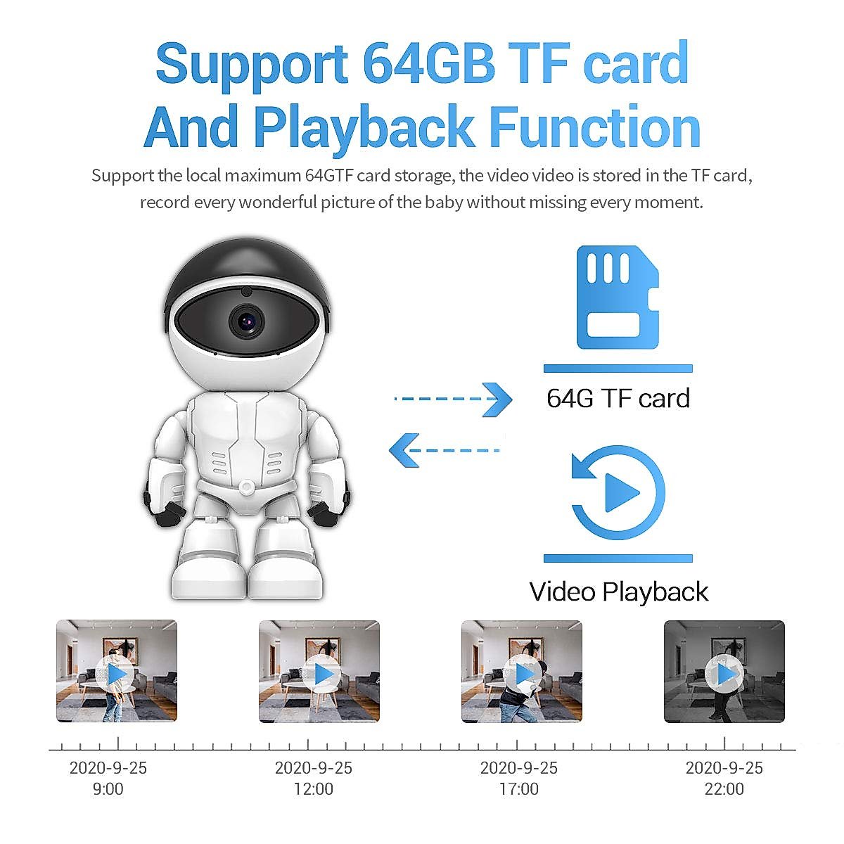 2MP 1080P HD 2.8MM Lens Security Robot Camera WiFi Wireless IR 10M Motion Detection Auto Tracking Built-in Microphone AI Humanoid Detection PTZ IP Camera Day/Night Vision