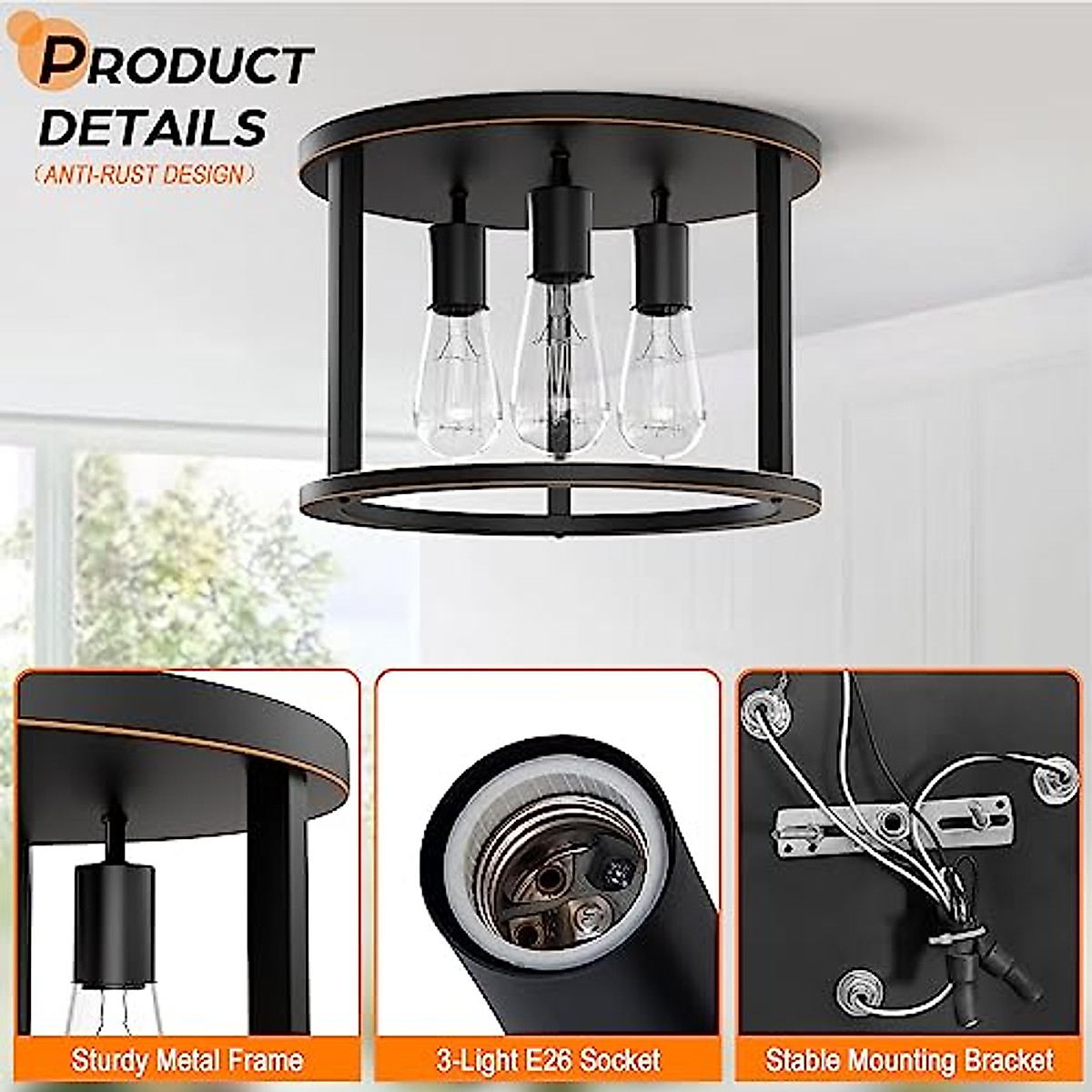 APOTO 3-Lights Semi Flush Mount Ceiling Light Fixture,Black Hallway Light Fixture,Industrial Light Fixture Ceiling Mount,Farmhouse Close to Ceiling Lamp for Entryway Kitchen,Bulb not Included, 2 Pack