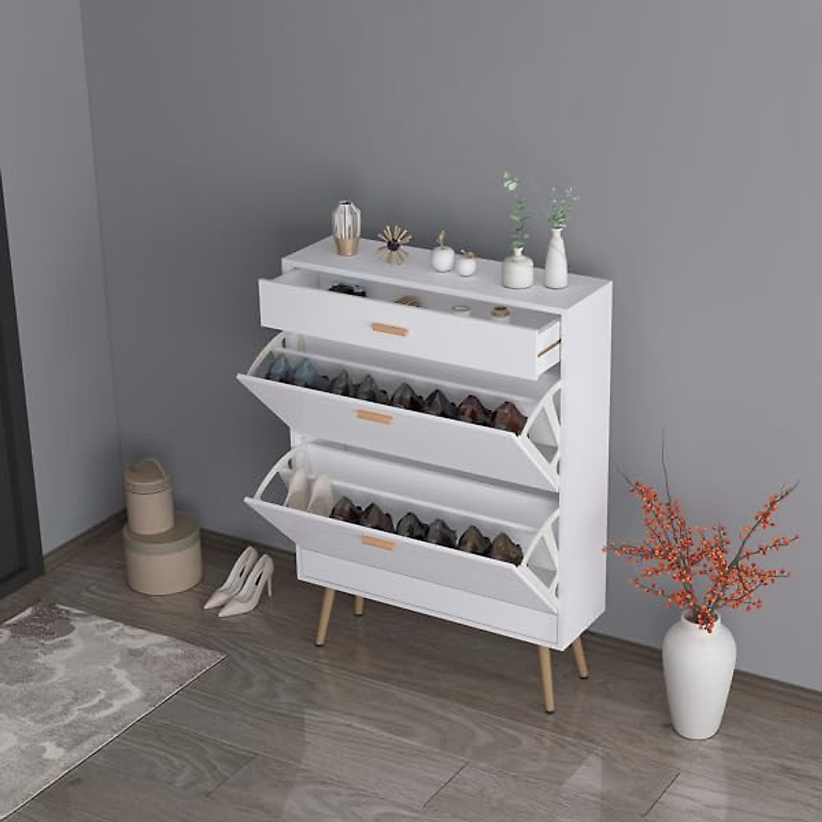 Shoe Cabinet,16 Pair Shoe Rack Storage Organizer with 2 Flip Drawers,White Entryway Shoe Storage Cabinet for Heels, Boots, Slippers (White) (White)