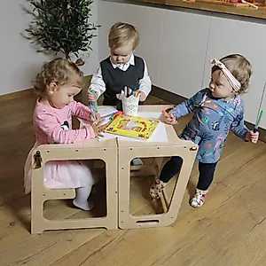 Foldable Montessori helper tower - Table & Chair with Chalkboard All-In-One (Natural lacquered)