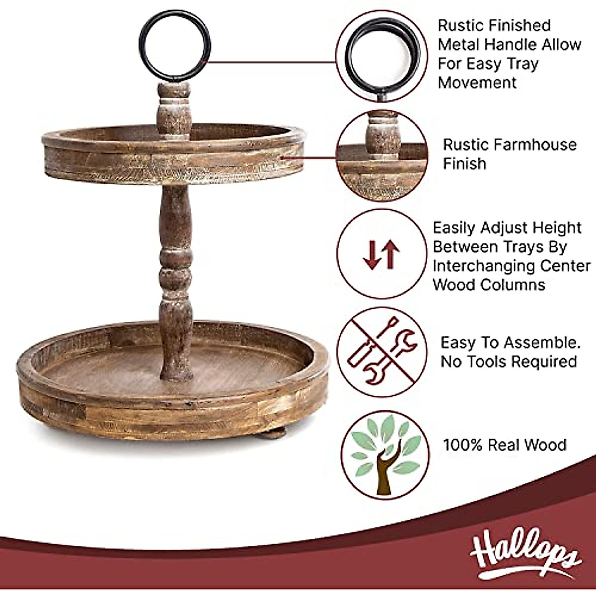 Hallops Wood 2 Tiered Tray | Rustic Farmhouse Decor | Rustic Serving Cake Stand | Galvanized Kitchen Table | Fall Decor | Food and Party Display(Brown)