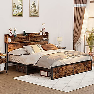 IRONCK Queen Bed Frame with Bookcase Headboard and Charging Station, Metal Platform Bed, Sturdy and No Noise, No Box Spring Needed, Vintage Brown