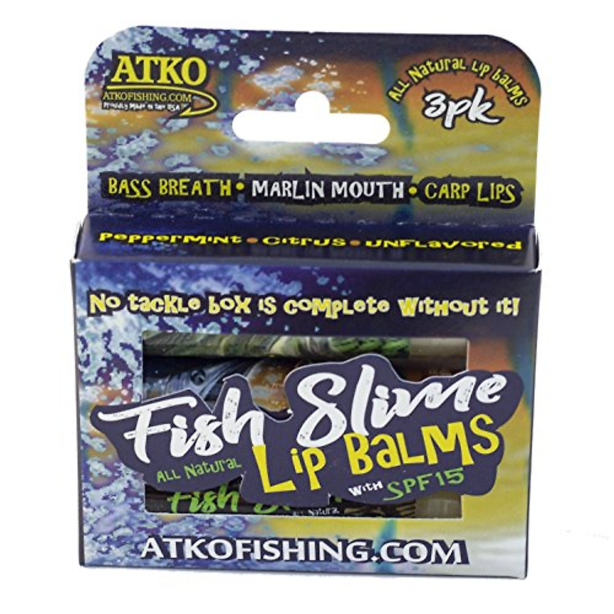 Atko Fish Slime Lip Balm-All Natural 3 Flavors-Carp Lips(unflavored), Bass Breath(Peppermint), Marlin Mouth(Citrus) (Fish Slime 3 Pack)