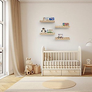 icnjdMopclean Scalloped Shelves for Nursery - Wall Book Shelves for Bedroom Kids, Nursery Bookshelf for Wall Set of 4, Floating Book Shelves Solid Wood,16 Inch, Natural