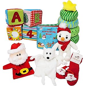 Baby Stocking Stuffer Set - Babys First Christmas Toys - Plush Toys Including Christmas Book, Plush Snowman, Baby Santa Socks and Santa Hand Puppet - Christmas Gifts for Kids and Babies