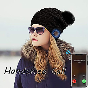 FashionLive Wireless Beanie Music Hat for Women Girls Upgrade Pompom Musical Headphone Stereo Speaker Hat with Mic Speakerphone Knit Pom Beanie Hat Warm Black