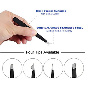 Tweezers Ingrown Hair, Slanted and Pointed Tweezer Set Tweezer 4 Piece Professional Tweezers Set Ingrown Hair Stainless Steel (Black)