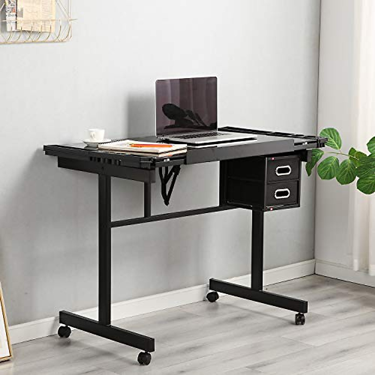 sogesfurniture Adjustable Glass Drafting Table, Versatile Art Craft Station Study Table, Tabletop Adjustable Art/Craft Desk with 4 Rolling Wheels and Slide Drawers for Home Office, Black