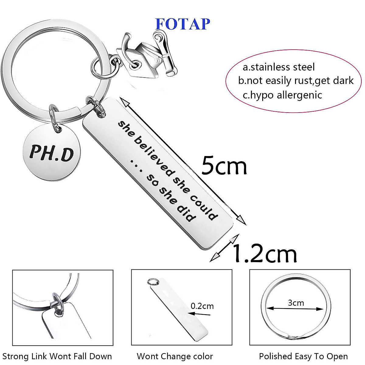 FOTAP PHD Keychain Doctor of Philosophy Jewelry Doctorate Gift PhD Graduation Gift She Believed She Could So She Did Keychain (PHD key)
