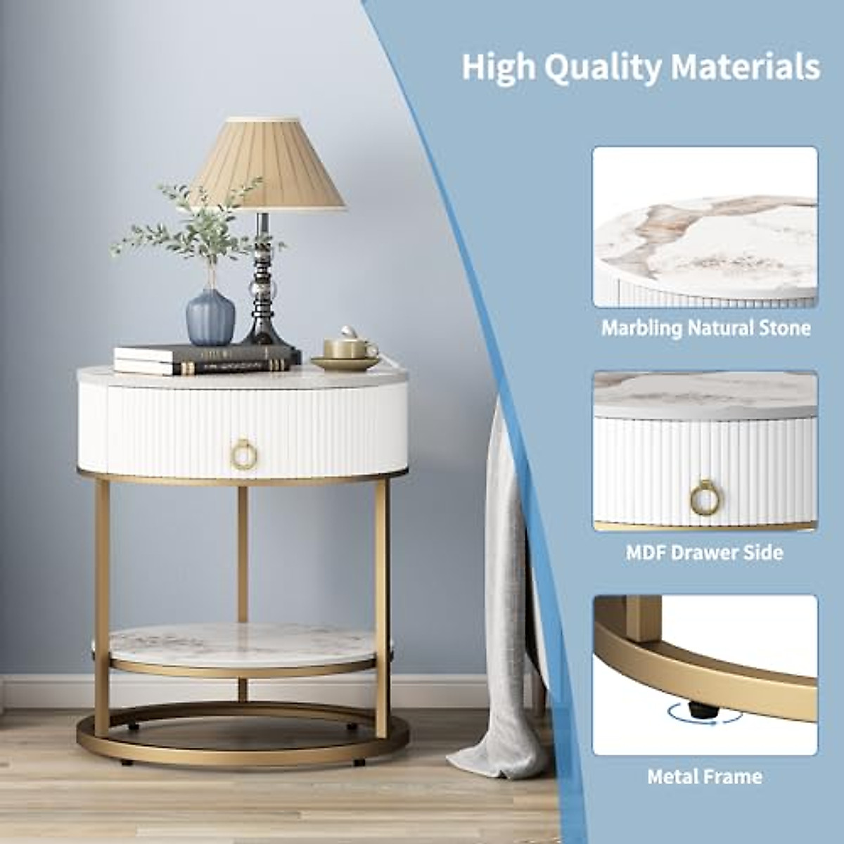 OIOG Round Side Table with Drawer, 2 Tier Night Stand with Shelf, Modern Side Table with Gold Legs for Living Room, Bedroom, Dorm, Marbling Natural Stone/Gold