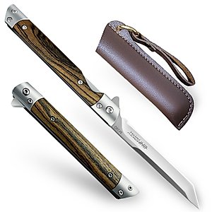 ohmonlyhoo Pocket Knife for Men, 3.5 inch Folding Knife with Wooden Handle and Leather Sheath, Edc ​Tanto Knife for Men and Women
