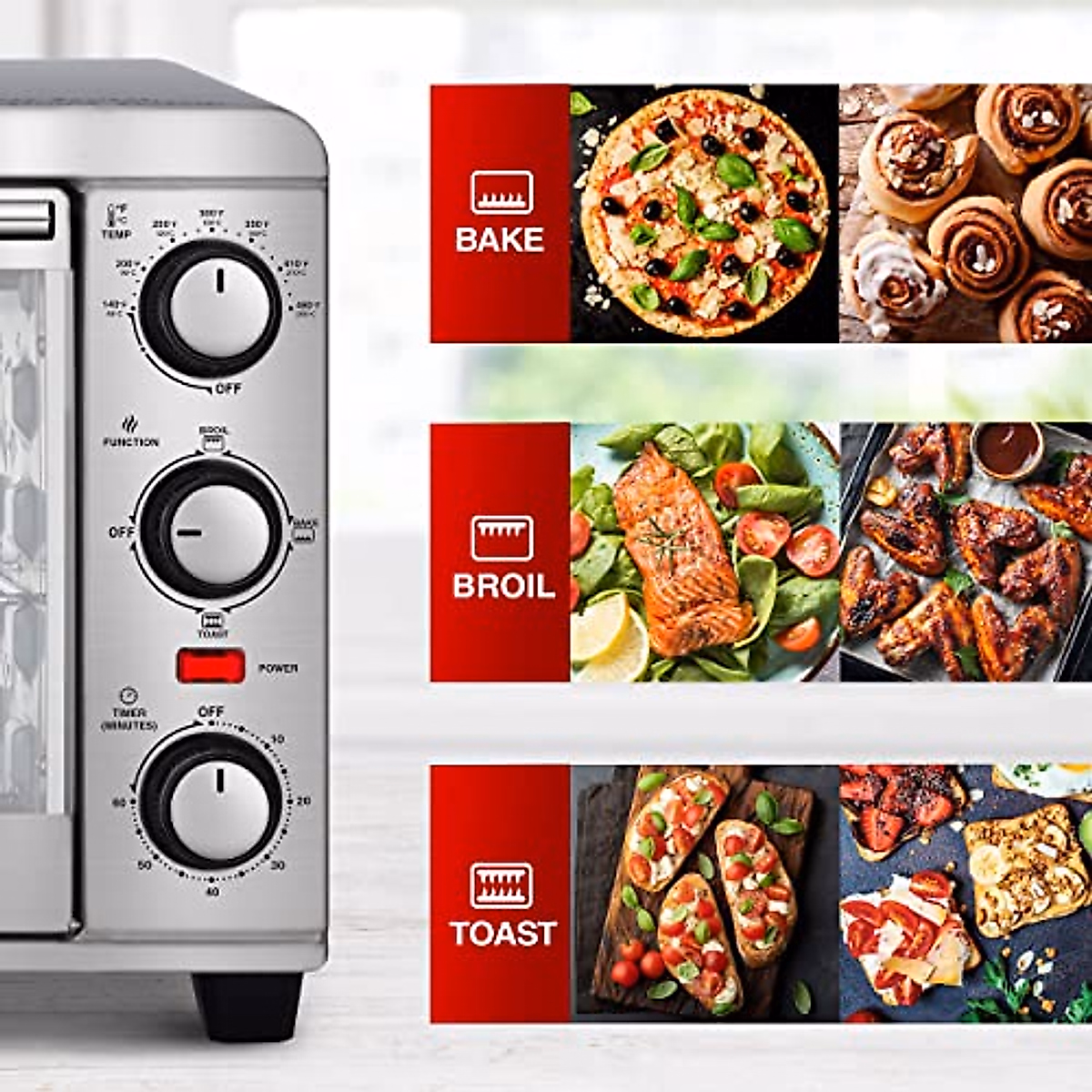 Mueller AeroHeat Convection Toaster Oven, 8 Slice, Broil, Toast, Bake, Stainless Steel Finish, Timer, Auto-Off - Sound Alert, 3 Rack Position, Removable Crumb Tray, Accessories and Recipes