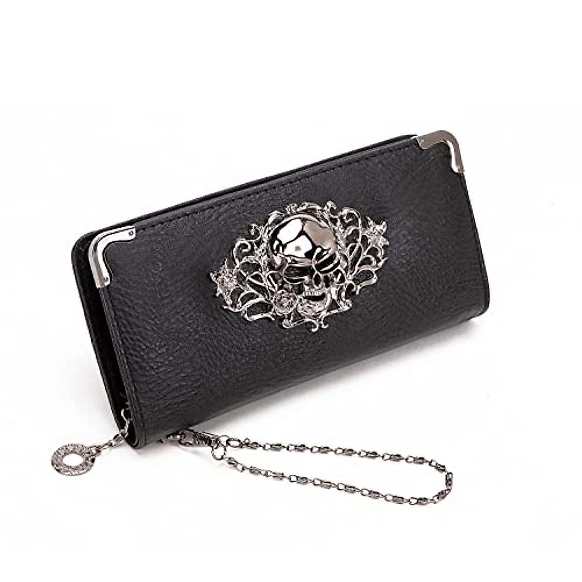 Ecohaso Skull Wallets for Women, Zip Around Goth Wallet Large Capacity Long Purse Credit Card Clutch Wristlet for Women (A-Black)