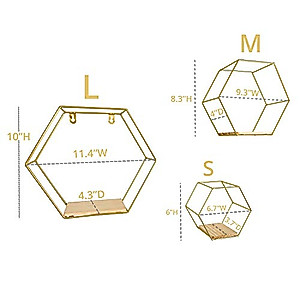 Wall Mounted Floating Hexagon Shelves, Metal Framed Gold Shelves with Wood Based in Modern Chic Style, for Wall Storage & Display in Living Room Or Bedroom, Set of 3 Size (Large, Medium & Small)