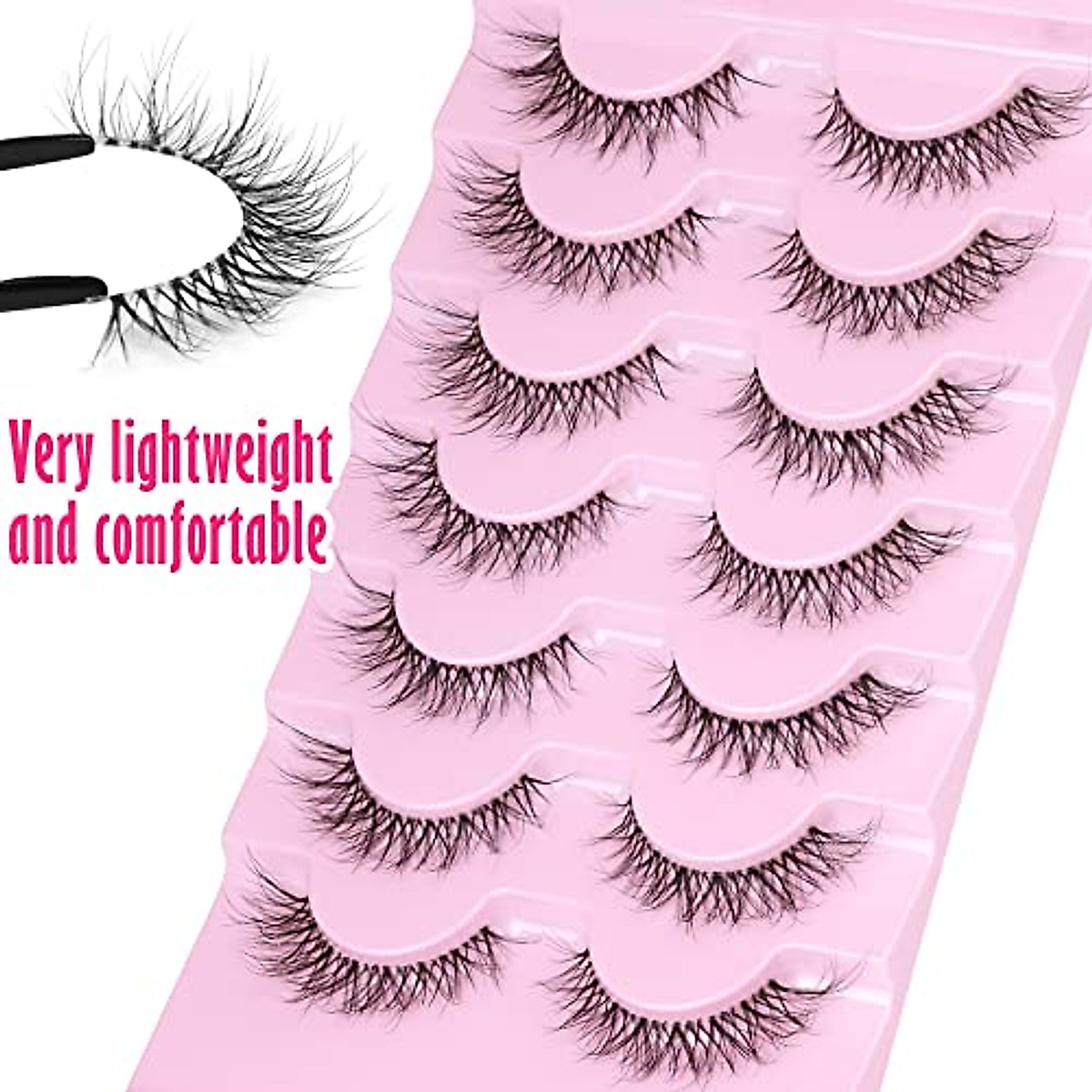 Wispy Lashes Natural Look False Eyelashes Clear Band Fluffy Faux Mink Cat Eye Lashes Pack 15mm 3D Light Fake Lashs that look like Extensions Soft Curly Lash Strips 7 Pairs