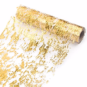 Ohanniewa Gold Table Runner 11 inch x 32 Feet Glitter Metallic Gold Foil Mesh Table Runner Roll Table Decorations for Wedding, Birthday, Banquet, Christmas