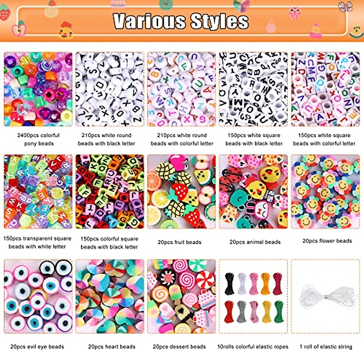 QUEFE 3540pcs Pony Beads 2400pcs Rainbow Kandi Beads Bulk, Crafts Gift, in 48 Colors and 1020 Letter Beads, Polymer Clay Beads for Bracelets Jewelry Making Kit, DIY Arts
