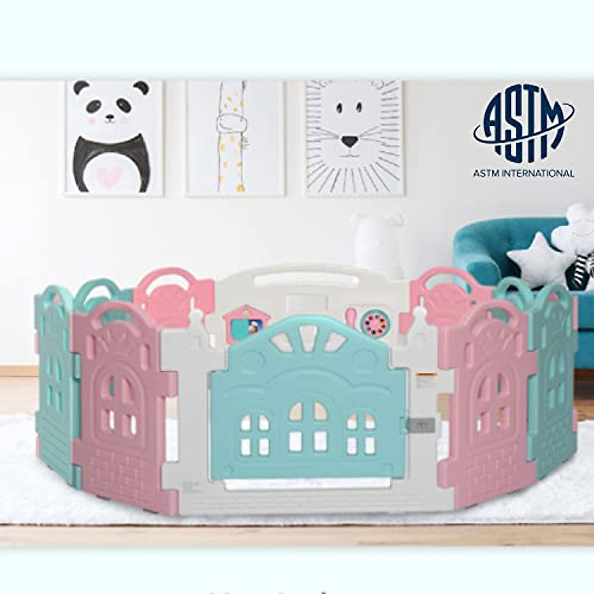 Dream On Me 12 Panel Rumi Baby Playpen in Pink and Blue, Easy to Fold and Store, Fun Game Panel, Indoor and Outdoor Playpen for Babies and Toddlers