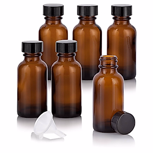 1 oz / 30 ml Amber Glass Boston Round Bottle with Airtight Phenolic Cap (6 Pack) + Funnel