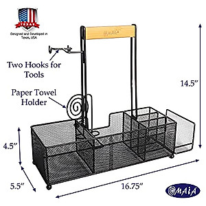 OMAIA BBQ and Grill Caddy with Paper Towel Holder, Wood Handle & 2 Hooks – Camper Accessories Condiment Caddy – Plates, Cutlery and BBQ Organizer for Camping Outdoor, RV - US Patent Pending