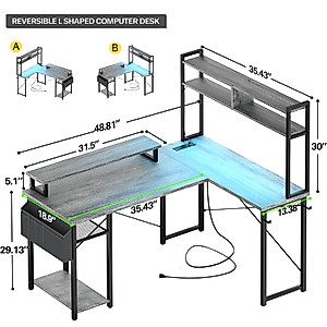 Aheaplus Small L Shaped Gaming Desk with LED Lights & Power Outlets, Reversible L-Shaped Computer Desk with Monitor Stand & Storage Shelf, Corner Desks Home Office Desk with Storage Bag, White Oak