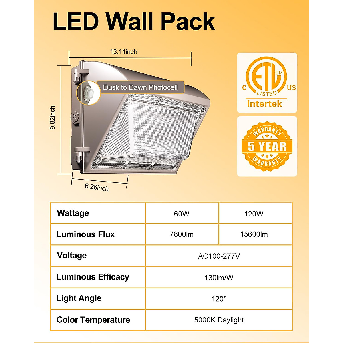 JC-LGL LED Wall Pack Light 60W 7800lm with Dusk to Dawn Photocell, 5000K Daylight Wall Pack Outdoor Light Repalces 600W HPS/HID Light, IP65 Waterproof for Stadium, Yard, Buildings, Parking Lots