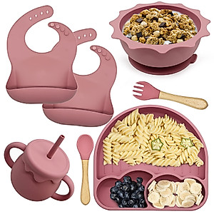 Mishall Baby Feeding Set – 10-Pcs Baby Heavy-Duty Supplies Set with Suction Plates, Bowls, Fork, Spoon, Baby Bibs – Food-Grade Silicone Utensil Set – Self-Feeding Supplies for Babies and Toddlers-Pink