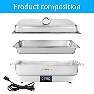SILVER MOON 9 QT Electric Chafing Dish Buffet Set with Stainless Steel Lid, Digital Display Temperature Full Size Electric Chafer, Chafing Dish for buffet, Buffet Servers and Food Warmers for Parties