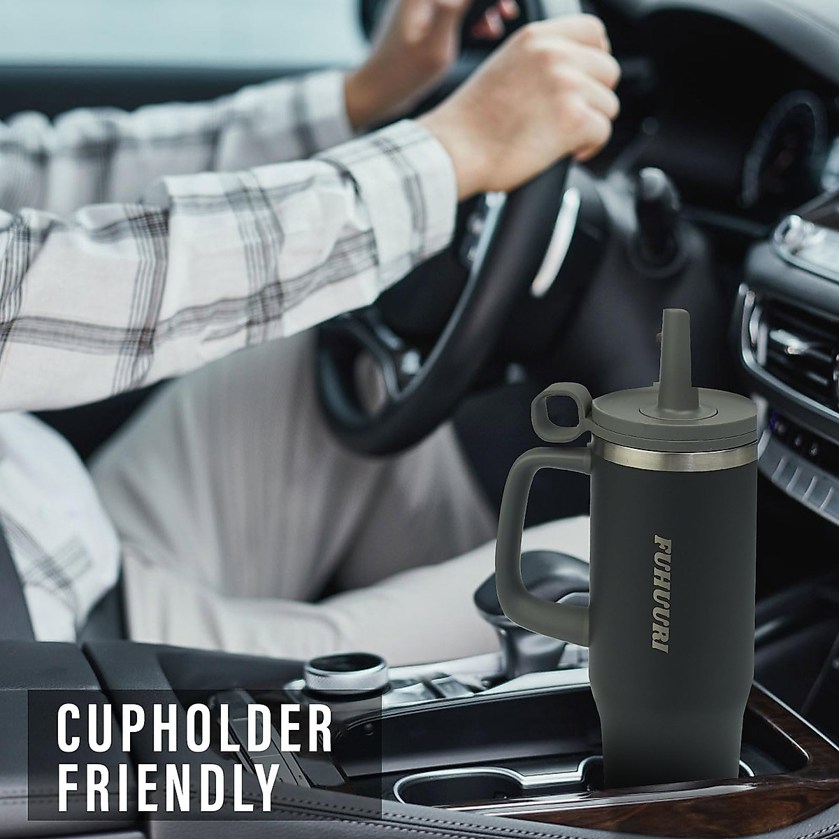 FUHUURI 40oz Stainless Steel Tumbler with Handle,Straw Lid,Double Wall Insulated, Keep Drinks Cold or Hot,Cupholder Friendly (Black grey)