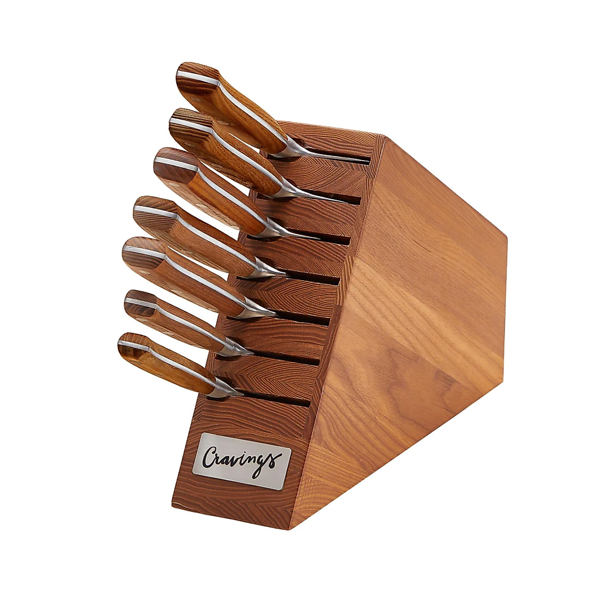 Cravings Essential 8-Piece Kitchen Knife Set with Slim Ashwood Storage Block, Full-Tang Design, Wooden Knife Block with Santoku, Carving, Bread, Utility, Chef’s, Cleaver, and Paring Knives