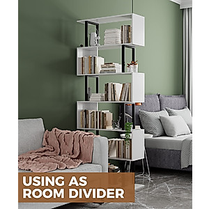 Gadroad 6 Tier Geometric Bookcase,S Shaped Bookshelf, Wood Decorative Storage Shelving, Modern Freestanding Display Shelves, Tall Book Shelf Unit for Living Room Bedroom, White