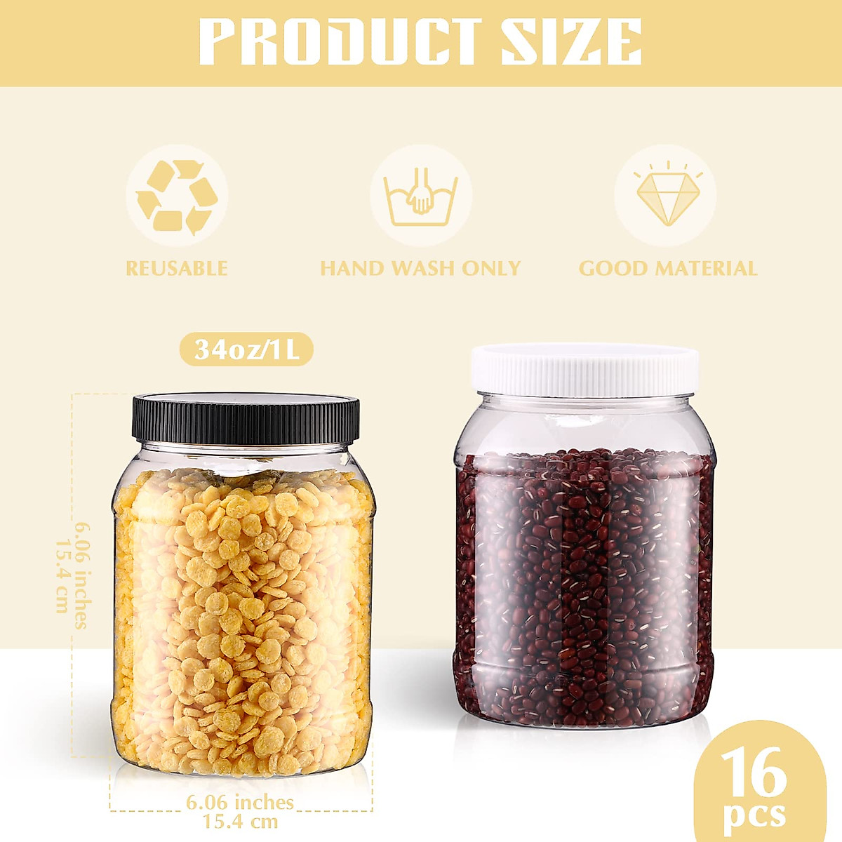 Tanlade 16 Pack 34 oz Plastic Jars with Lids Clear Storage Container Wide Mouth Large Empty Food Mason Jars for Crafts Dry Food Butter Honey Storage