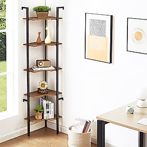Freexployer Corner Shelf Stand, 5 Tier Industrial Corner Bookshelf, Tall Corner Plant Shelf with Metal Frame, Multipurpose Display Corner Shelves for Small Space, Office, Bedroom, Brown
