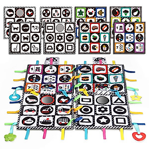 teytoy Tummy Time Floor Mirror, Double High Contrast Play and Pat Activity Mat Black and White Baby Crinkle Toys with Teether, Great Gift for Infants Boys and Girls -Pack of 4