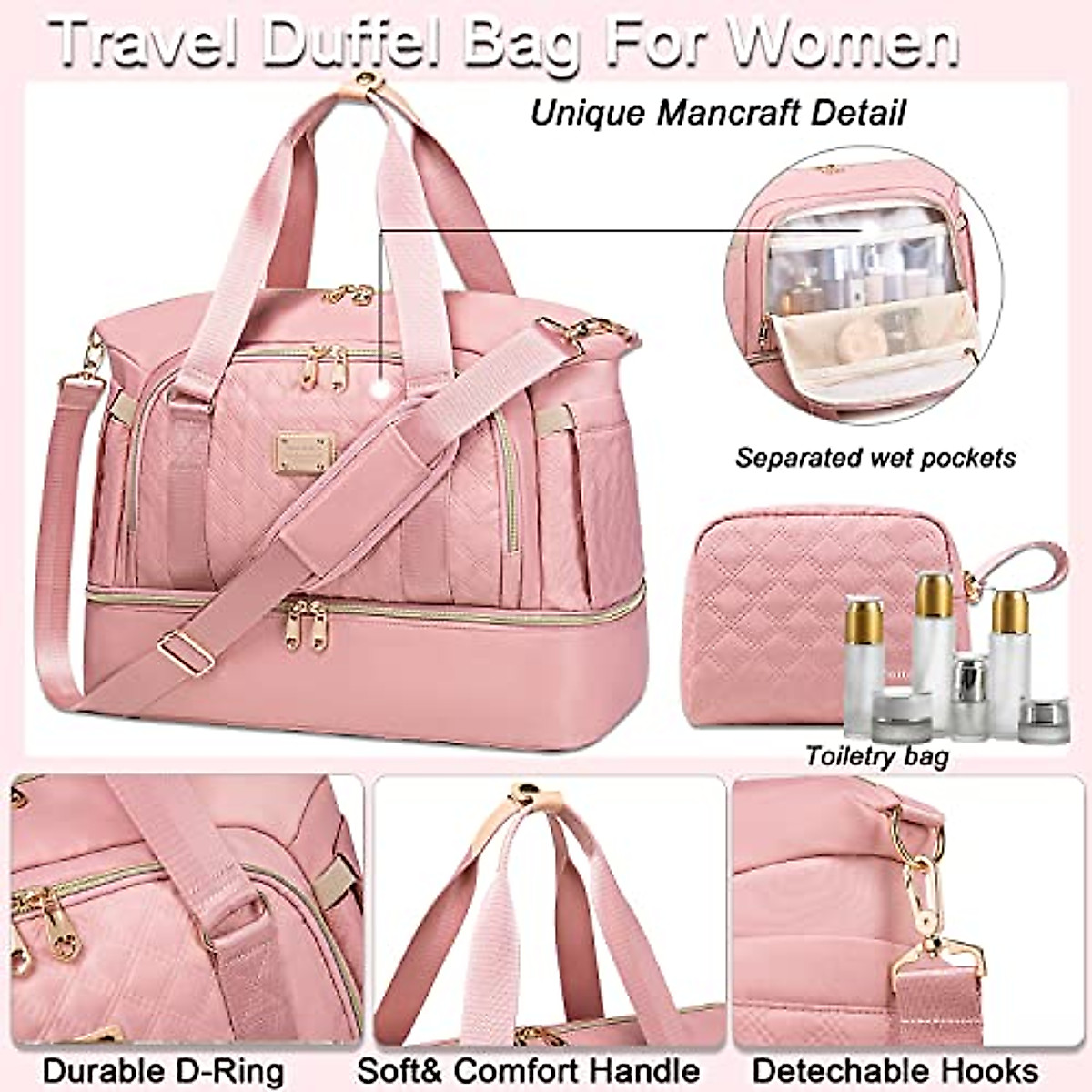 Weitars Gym Bag For Women,Travel Duffel Weekender Bag,Sport With Shoes Compartment And Wet Pocket,Large Carry On Overnight Hospital Women Travel,Gym,Shopping (Pink)