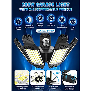 HAPYLUMI LED Garage Light 200W, Super Bright Garage Lights 20000LM Garage Lights Ceiling Led with 7 Adjustable Panels 6500K Led Shop Lights Screw in E26/E27 Bulb Socket for Garage Basement Lighting