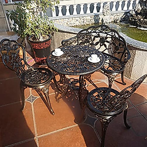 KAI LI 4-Piece Balcony Tables and Chairs, 1 Table, 2 Round Chairs and 1 Bench, Metal cast Aluminum, Bistro Suit, Garden Bench, Rose Pattern (Bronzed)