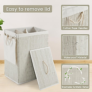 Laundry Hamper with Lid, 55.5 Gallon (210L), Large Handwoven Rattan Laundry Basket, 3 Section Clothes Hamper with Handles, 2 Removable Liner and Side Pocket, White