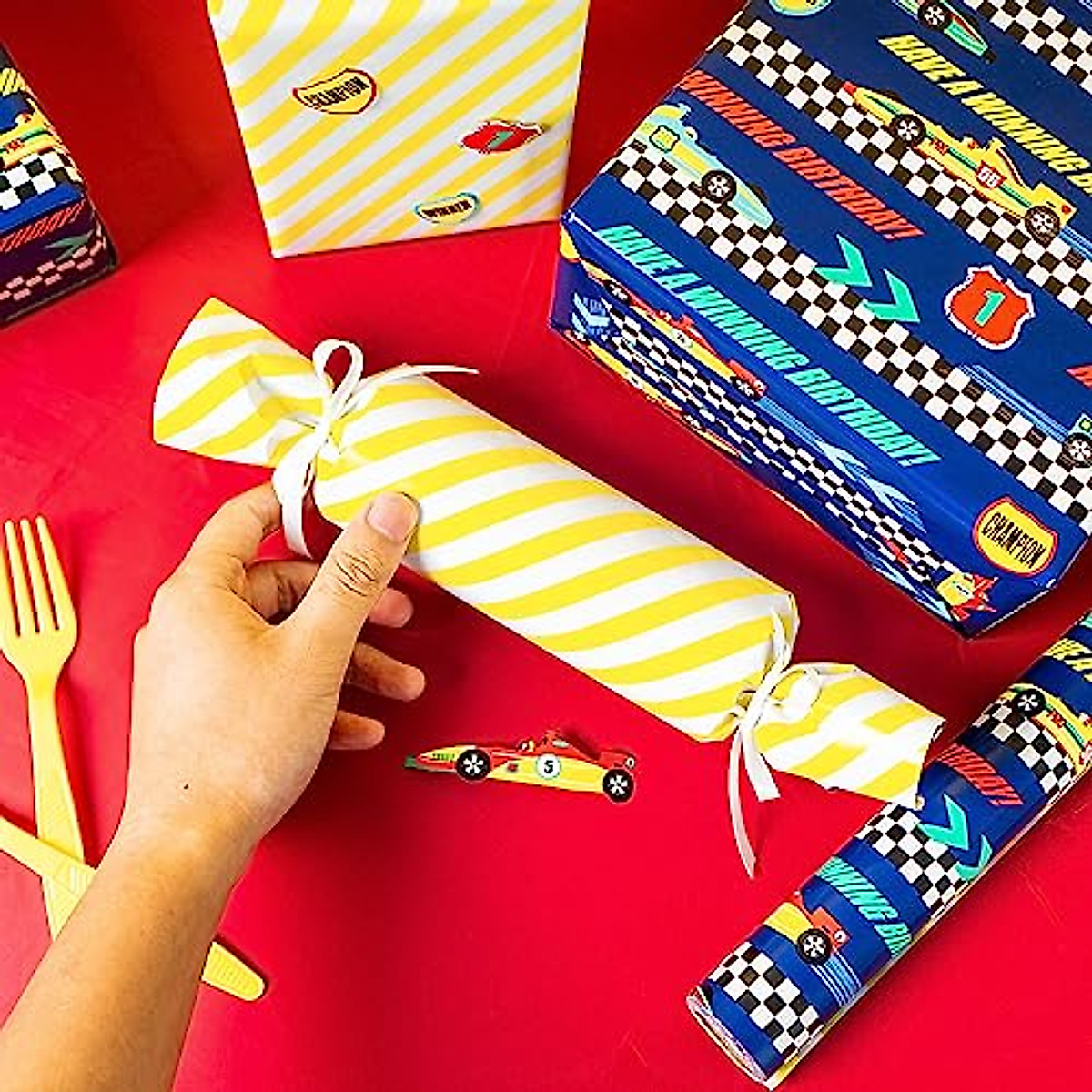 WRAPAHOLIC Reversible Wrapping Paper - Mini Roll - 17 Inch X 33 Feet - Racing Cars and Yellow Stripes Design Design for Birthday, Holiday, Baby Shower