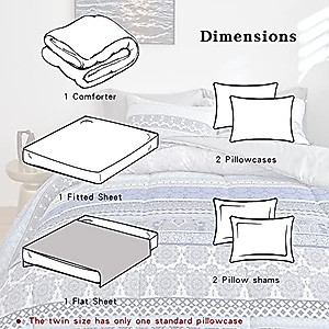Flysheep Bohemian Striped Bed in a Bag 7 Pieces Queen Size, Boho Blue Grey Geometric Pattern Reversible Bed Comforter Set (1 Comforter, 1 Flat Sheet, 1 Fitted Sheet, 2 Pillow Shams, 2 Pillowcases)