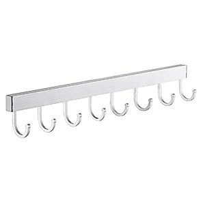 NC Kitchen Towel Hook Self Adhesive Installation,with 8 Slide Hooks, Kitchen Must Haves,Door,Key,Bathroom Coat Rack Hook Space Aluminum Wall Bathroom Hat Hook.(15.75 inch with 8 Hook, Silver White)