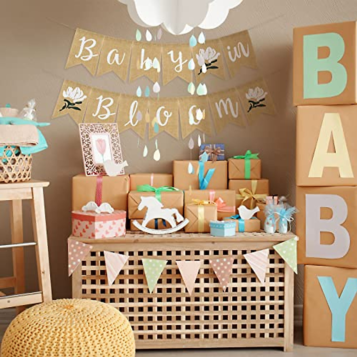 Whaline Baby in Bloom Burlap Banner with Flower, Rustic Bunting Garland for Baby in Bloom Party, Baby Shower Magnolia Floral, Spring Theme Party Mommy to Be Celebration Supplies