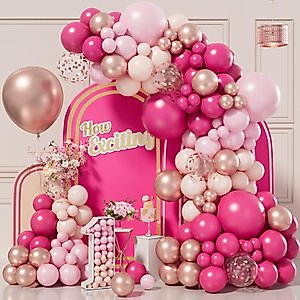 Bonropin 152pcs Pink Balloon Arch Garland Kit with Pastel Pink Hot Pink Pastel Orange Metallic Rose Gold Confetti Balloons for Birthday Baby Shower Princess Theme Wedding Valentine's Party Decorations