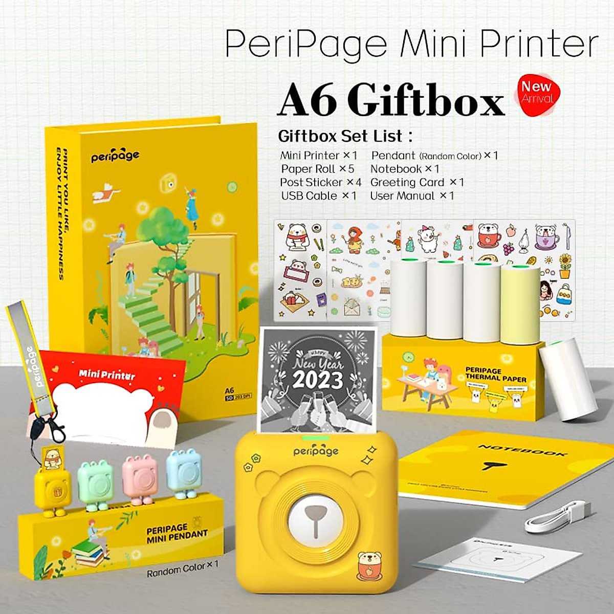 PeriPage A6 Mini Printer, Maximum Printing Width 2", Wireless Bluetooth Portable Thermal Printer, 203 DPI Clear Resolution, Connected Through Mobile APP, Can Print Labels, Stickers, Photos (Gift Box)