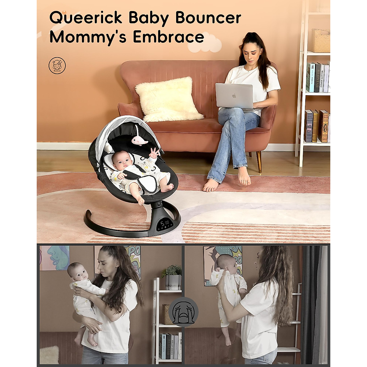 Baby Swing for Infants to Toddler Portable Babies Swing Timing Function 5 Swing Speeds Bluetooth Touch Screen Music Speaker with 10 Preset Lullabies 5-Point Carabiner