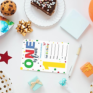 EUDOSI One is Fun 1st Birthday Party Invitations Supplies Fill-In Set of 20 with Envelopes Polka Dot 1st Birthday Bash Invites Cards, Double Sided